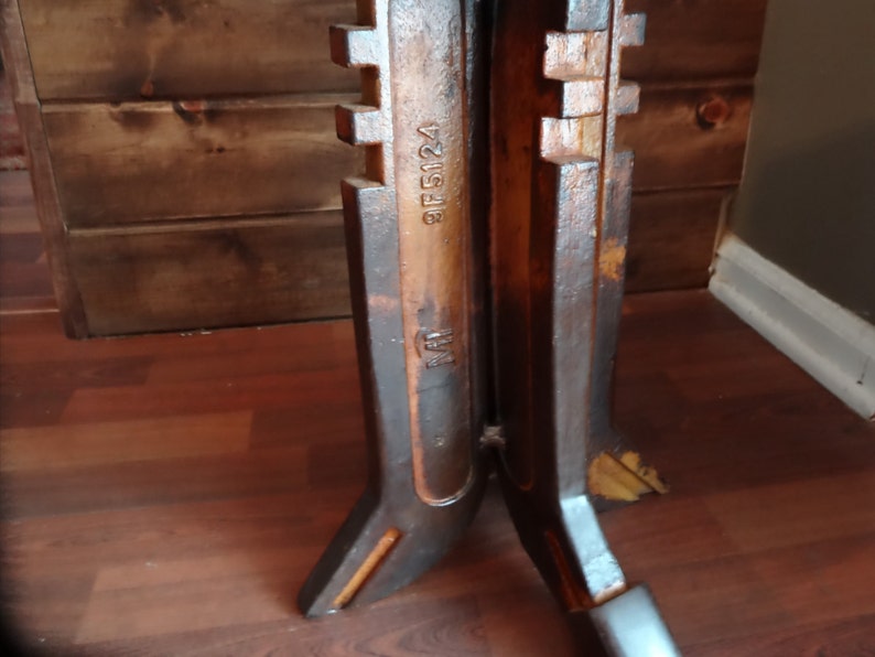 Tractor fork side table with antique rail car wood top | Etsy