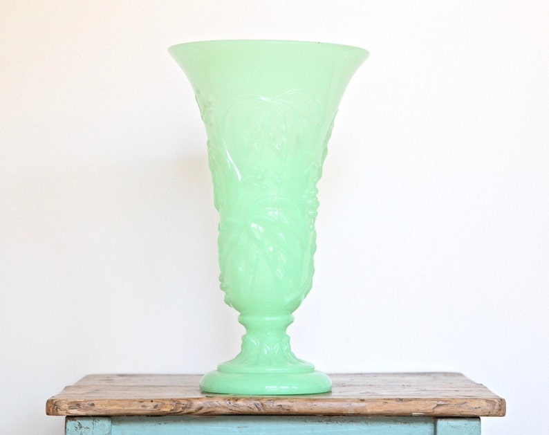 Vintage Large Mint Green Glass With Relief Vase Tall Urn | Etsy