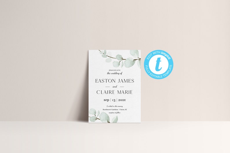 eucalyptus wedding stationery template INSTANT DOWNLOAD edit yourself ...