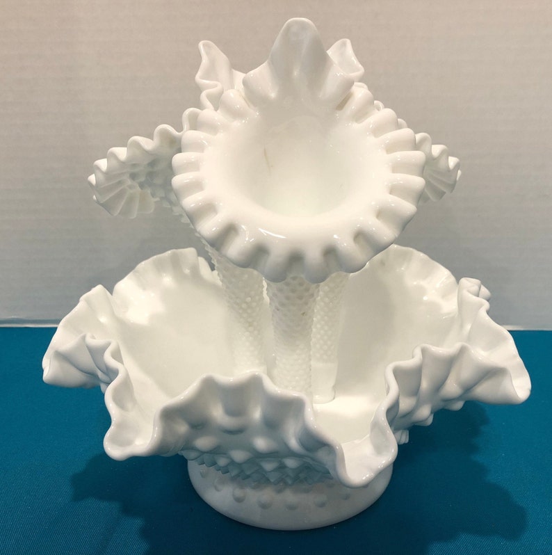 Vintage Fenton Large Hobnail Milk Glass 3 Horned Epergne | Etsy