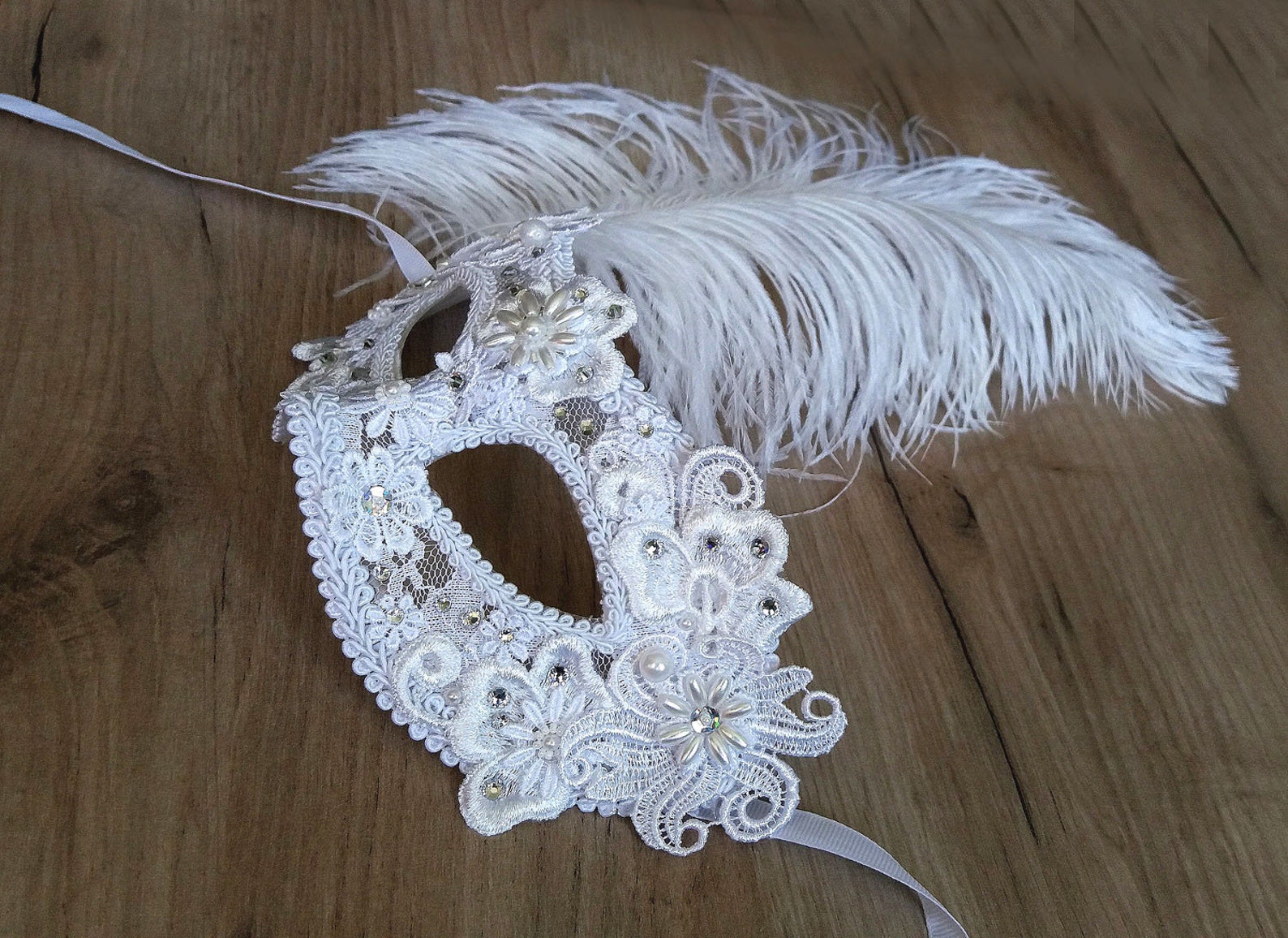 White Masquerade Mask with Feather Carnival Mask for Women | Etsy