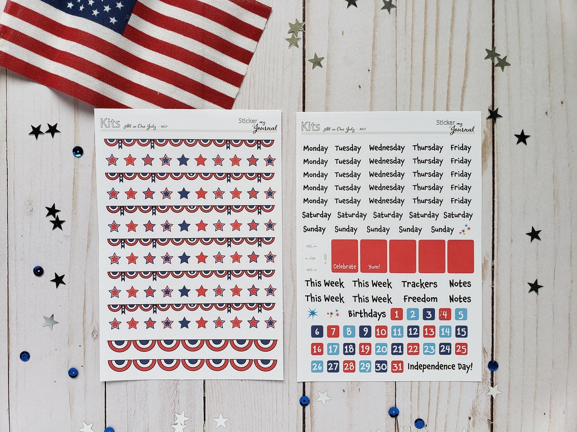 July Monthly Bullet Journal Sticker Kit Patriotic stickers | Etsy