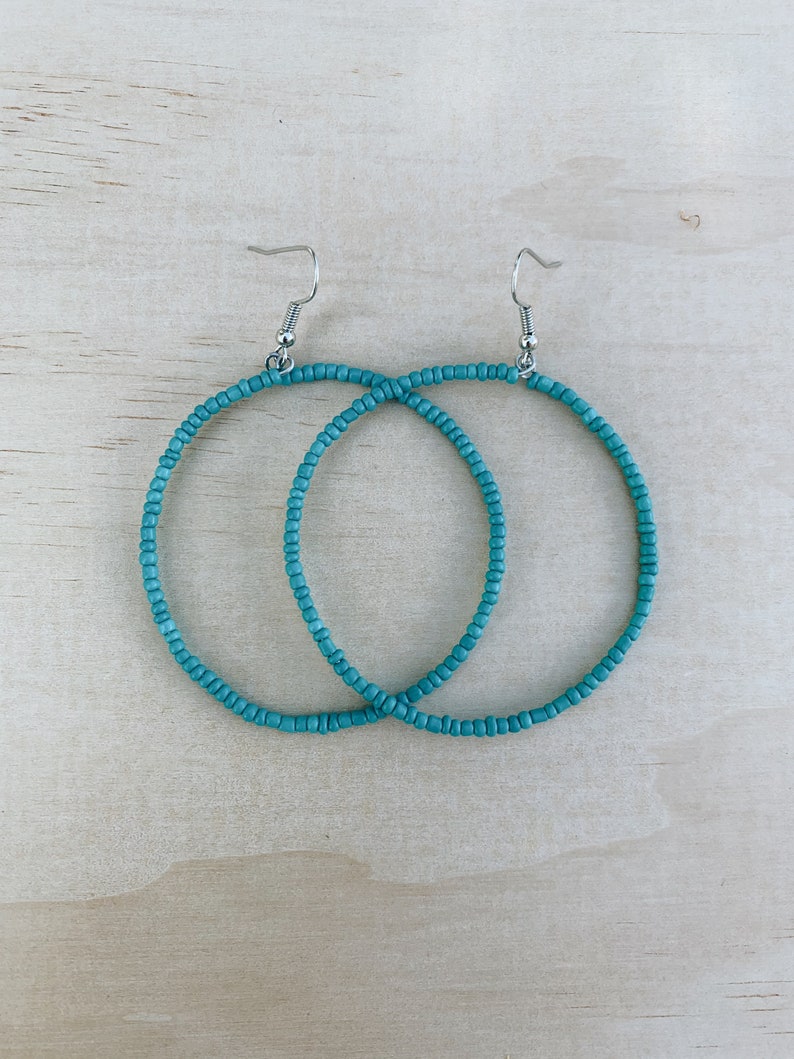 Beaded Hoop Earrings. Two Inches. Black Hoops. Teal Hoops. Big | Etsy