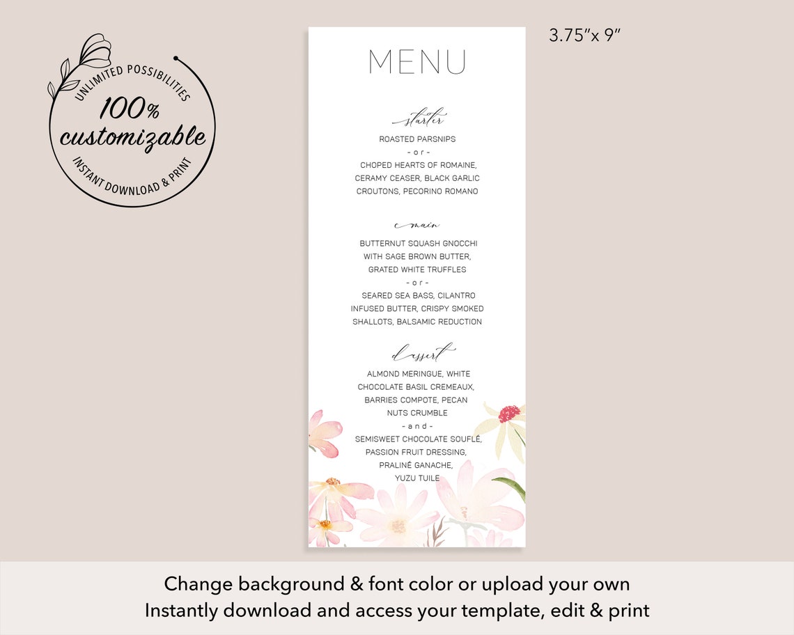 Flower Menu Card Template 100% EditableBoho Wedding Menu | Etsy