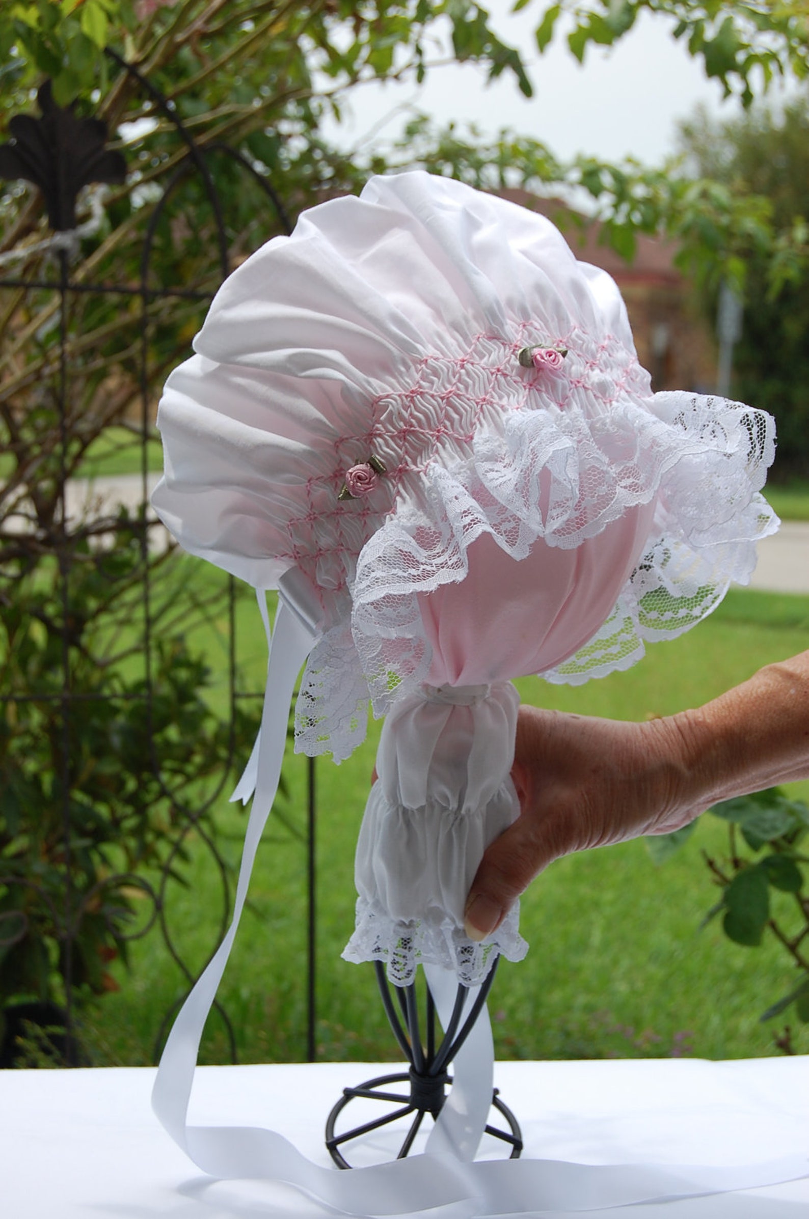 Smocking sun bonnet for baby girl with pink roses | Etsy