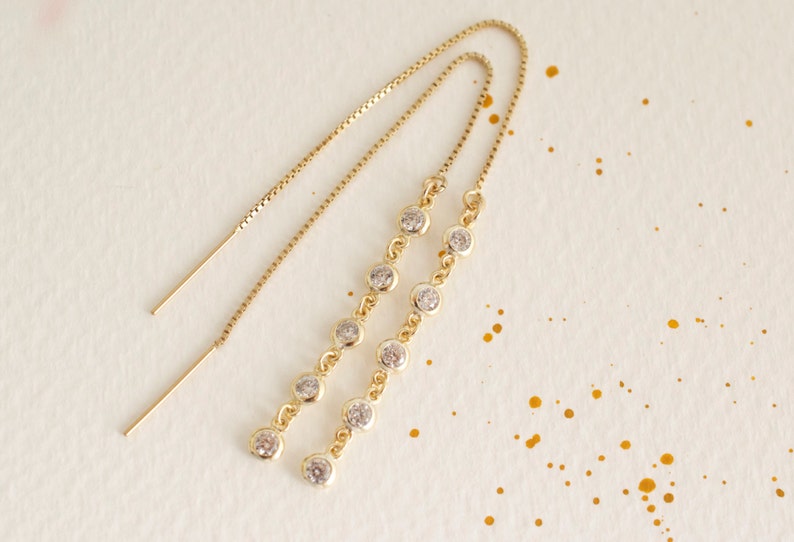 Cz gold threader earrings 14K gold-filled ear thread long | Etsy