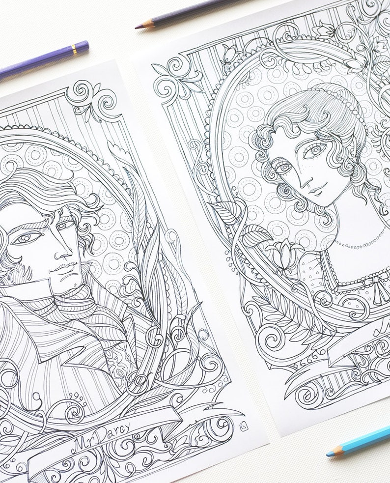 Coloring page JPG Pride and prejudice Lizzy and Darcy | Etsy