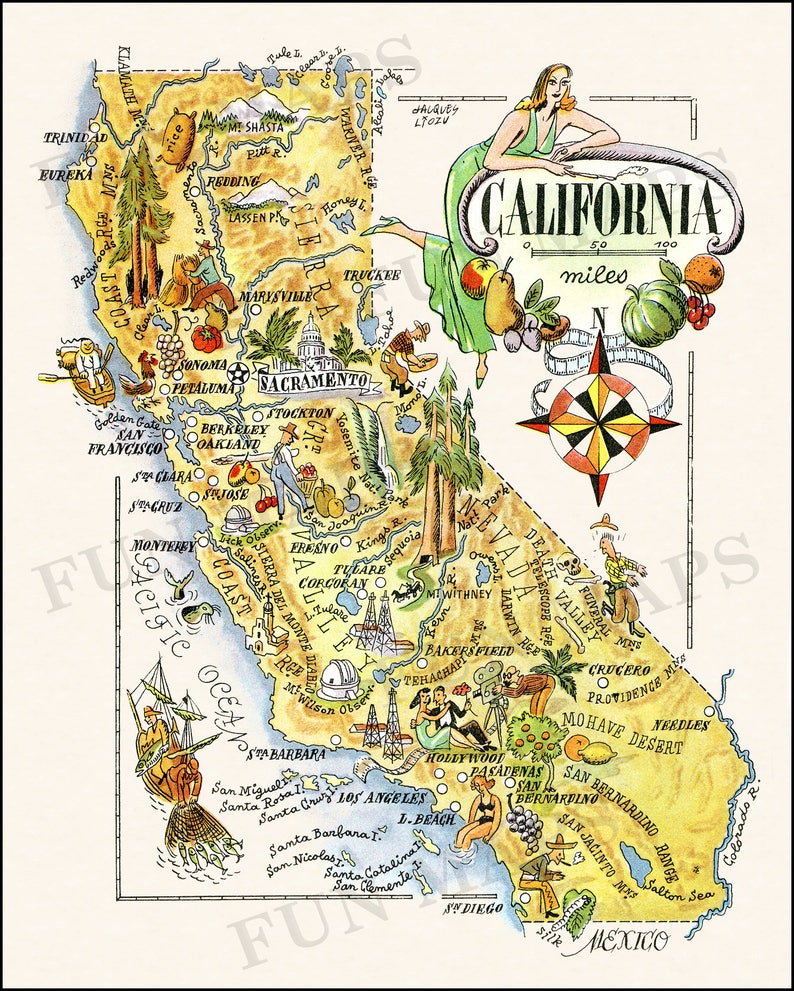 Pictorial Map of California colorful fun illustration of | Etsy